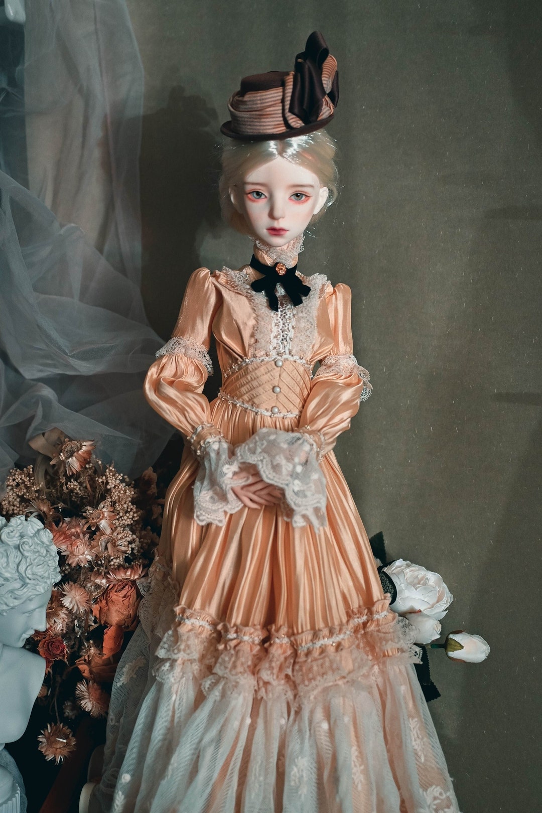 BJD 1/3 Victorian Classic Fleece Top Hat With Stripe Silk Ribbon Brown ...