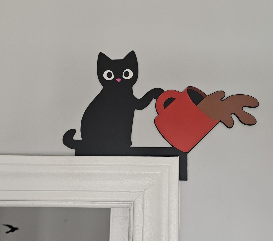 Cat and Coffee Mug Door Frame Decoration. Cute Decoration. Cat Pushing ...