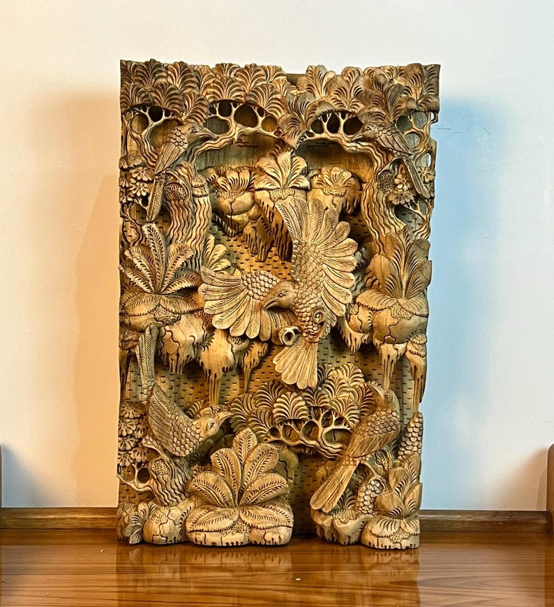 Handmade 3D Wood Carving Relief Wall Sculpture "the Playful Ravens ...