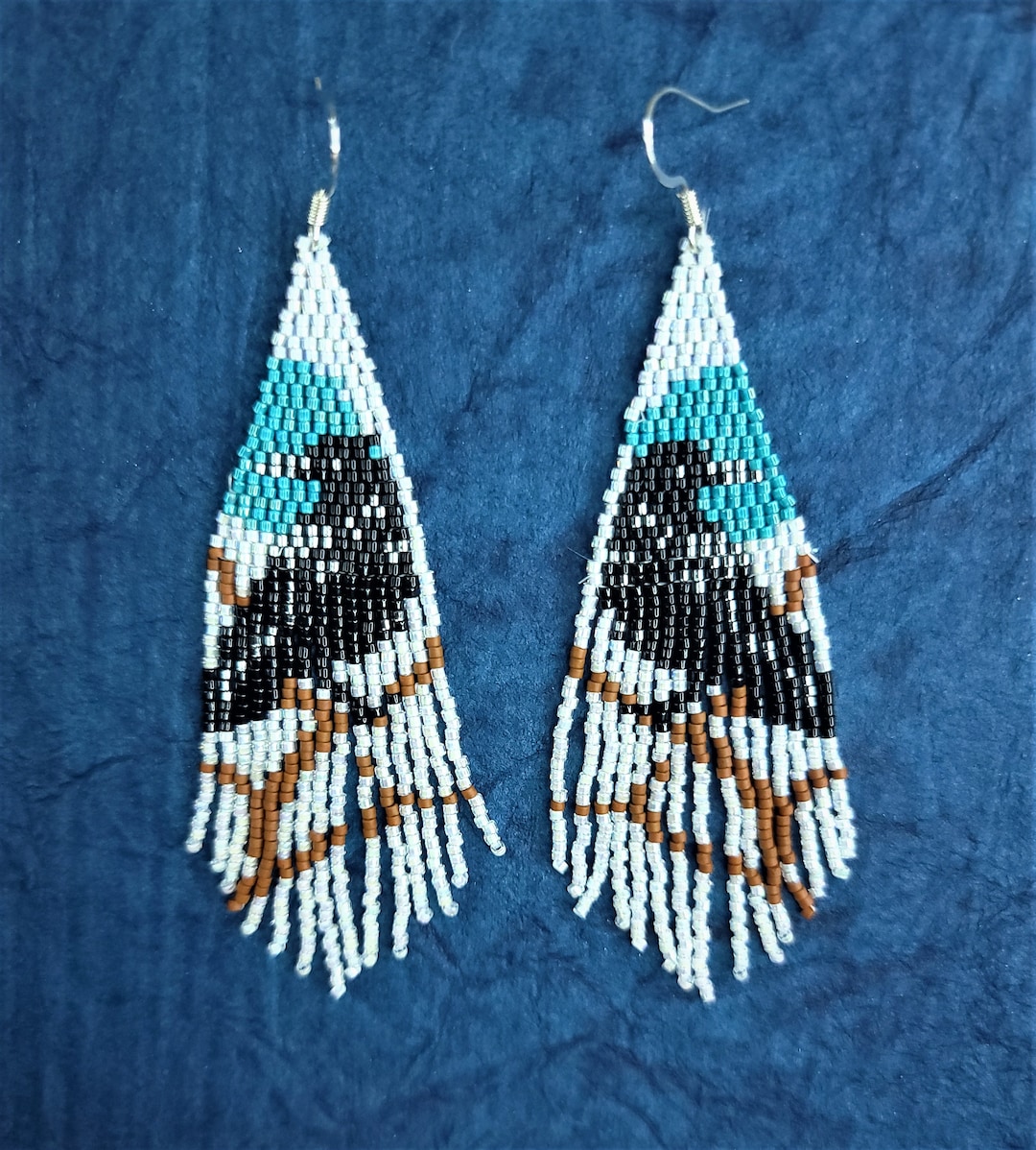 Fun, White, Blue and Black, Long Fringed, Handmade Beaded Raven Dangle ...