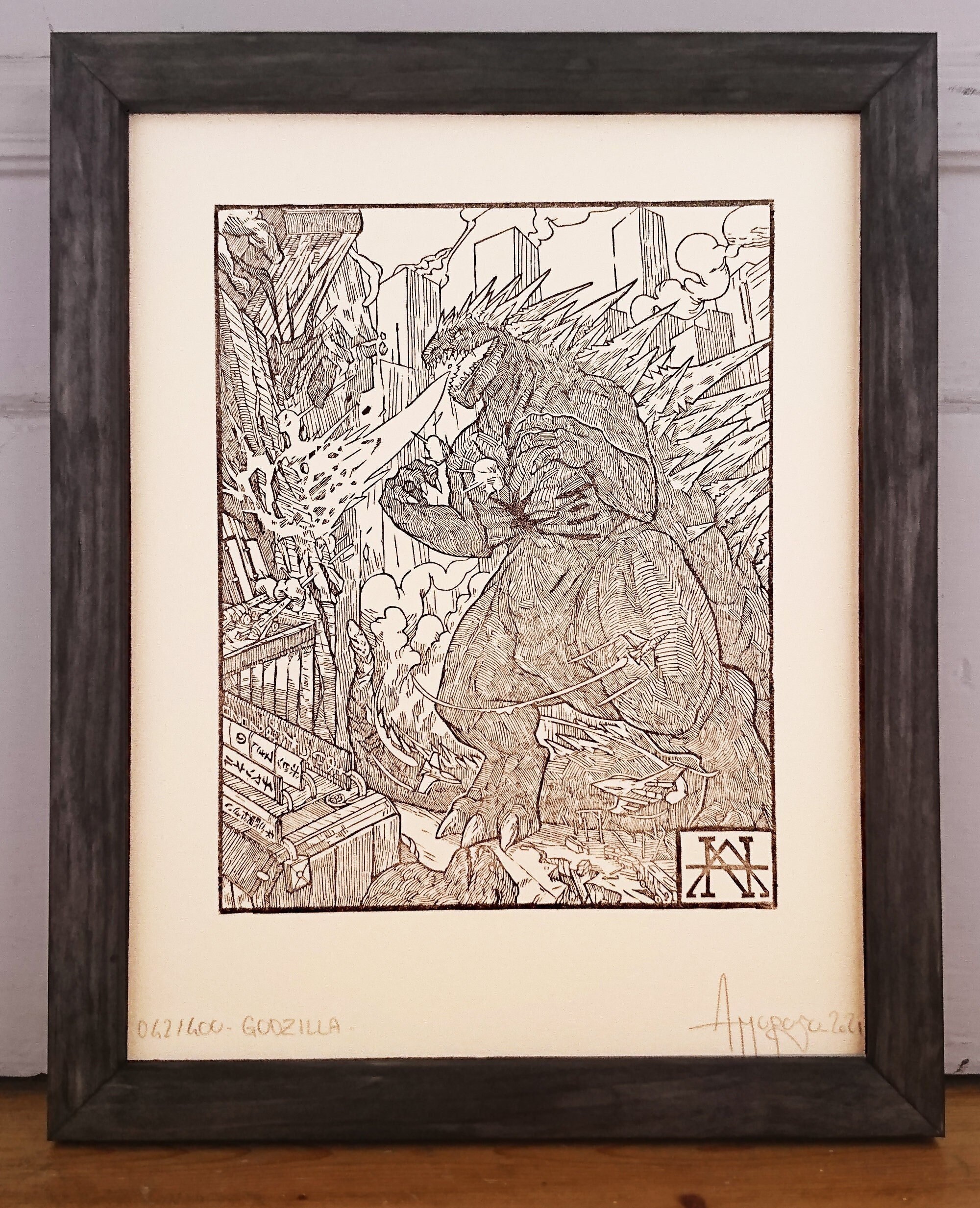 GODZILLA, Woodblock Print, 28x22 Cm - Etsy