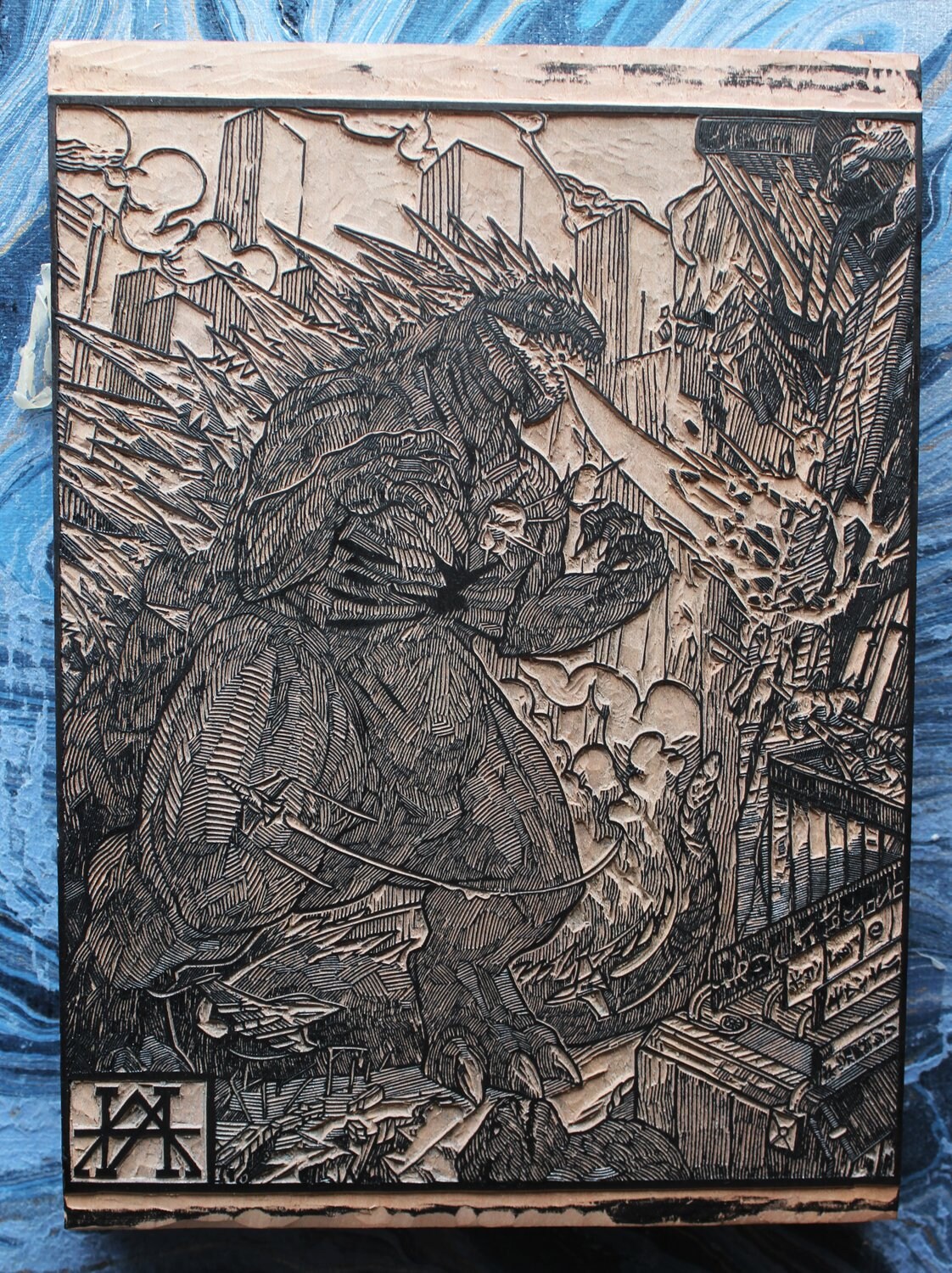 GODZILLA, Woodblock Print, 28x22 Cm - Etsy
