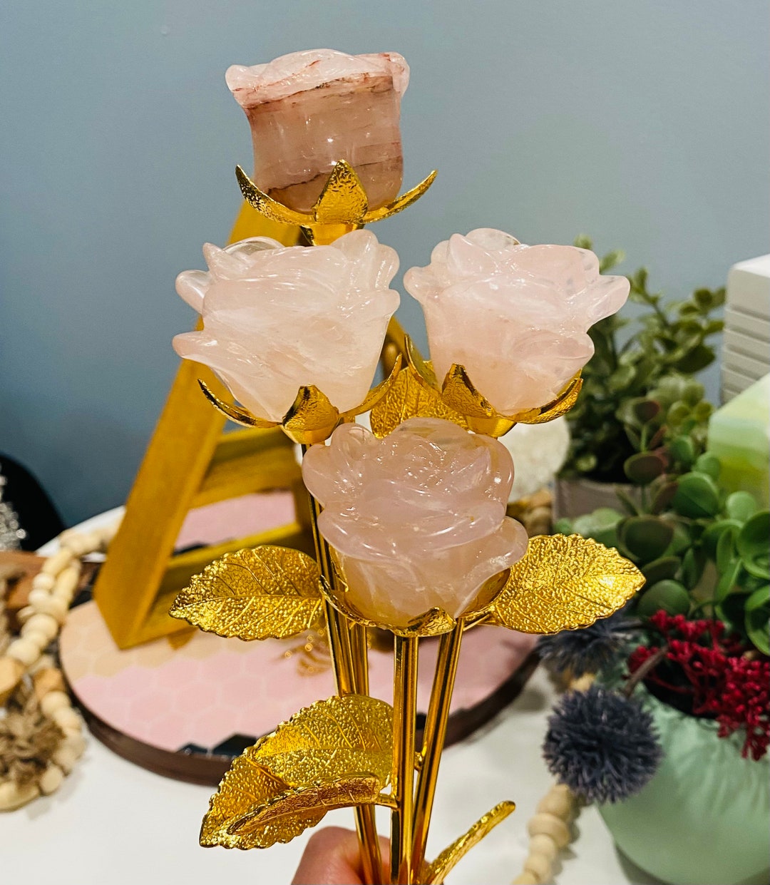 Rose Quartz/fire Quartz Long Stem Rose - Etsy