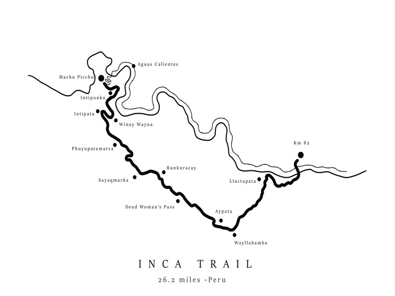 Inca Trail Poster | Peru Hiking Map | Machu Picchu | Souvenir Poster ...