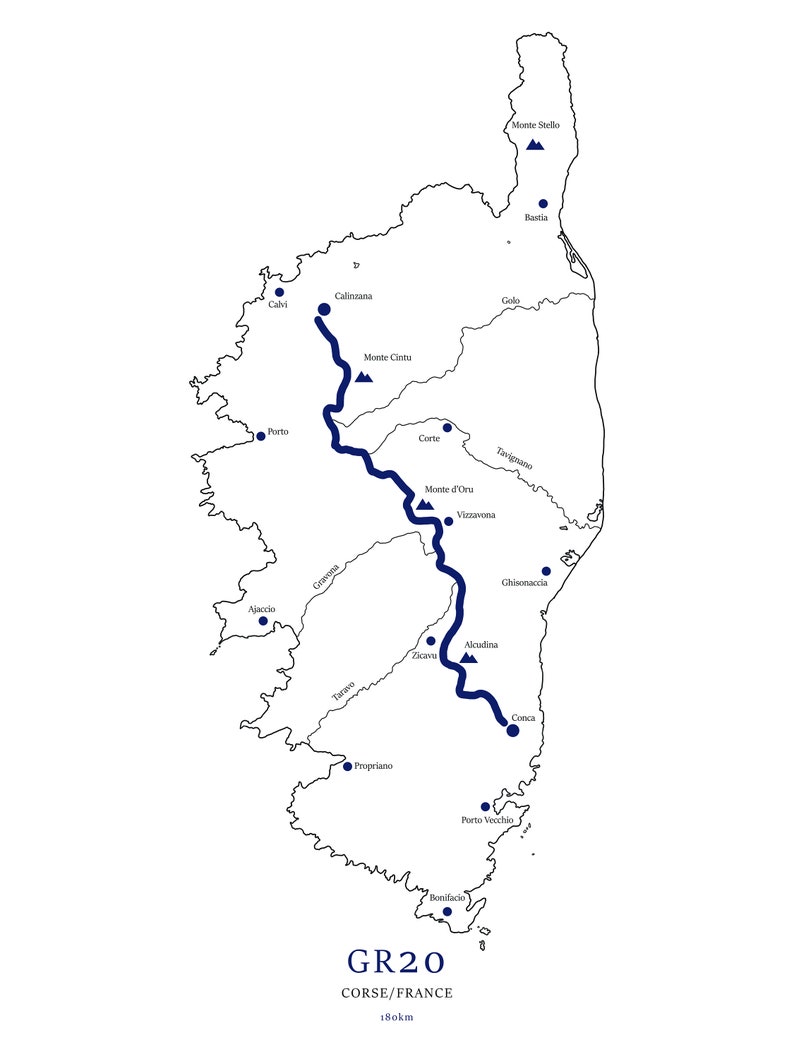 GR20 Printable | Poster GR20 | Map of the GR20 | Original Map of ...