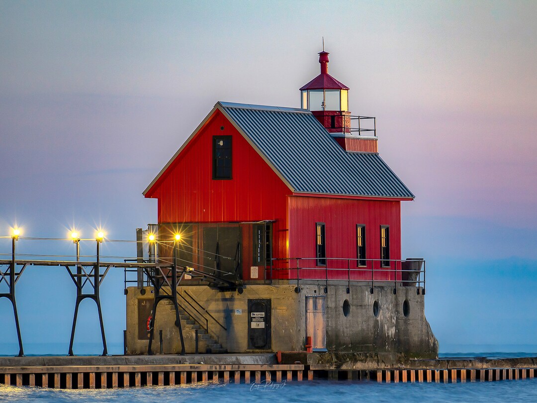 Michigan Lighthouse - Grand Haven Fog House, Summer Sunset Glow, Lake ...