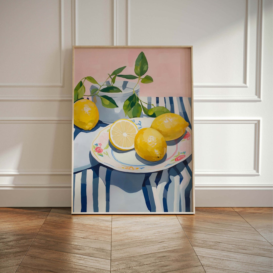 Lemons Wall Art Print, Colorful Wall Art, Painting, Kitchen Wall Decor, Dining Room, Large, Blue ...