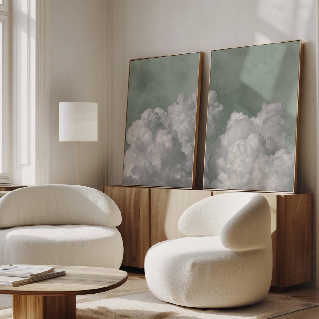 Sage Green Clouds Canvas Wall Art, Set of 2 Floating Frame Art, Extra ...