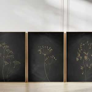 Black and Gold Botanical Wall Art, Set of 3 Prints, French Decor ...