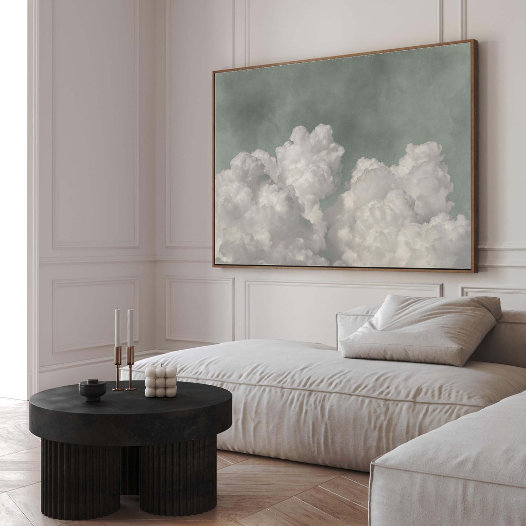 Sage Green Cloud Canvas Wall Art Print, Large Floating Framed Art, Landscape Horizontal, Living ...