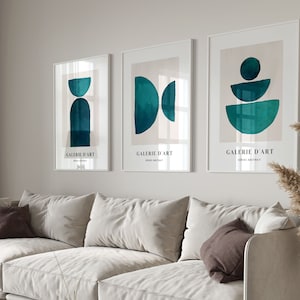 Teal Mid Century Modern Wall Art, Set of 3 Prints, Abstract Art ...