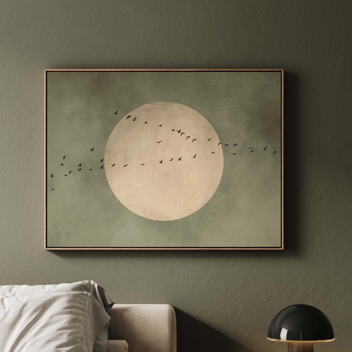 Sage Green Birds Canvas Wall Art, Floating Framed Moon Print ...