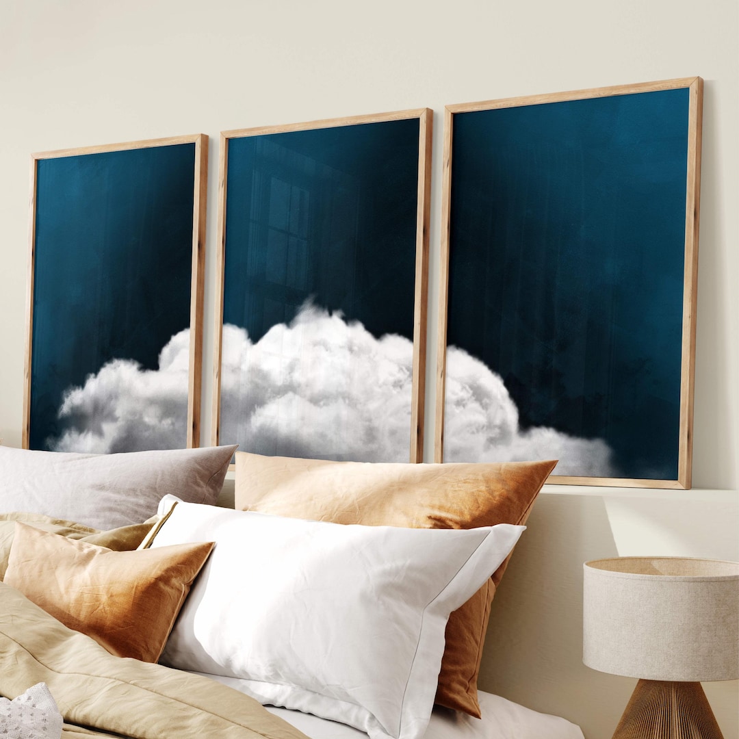 Dark Blue Cloud Wall Art, Set of 3 Prints, Navy Decor, Above Bed Decor ...