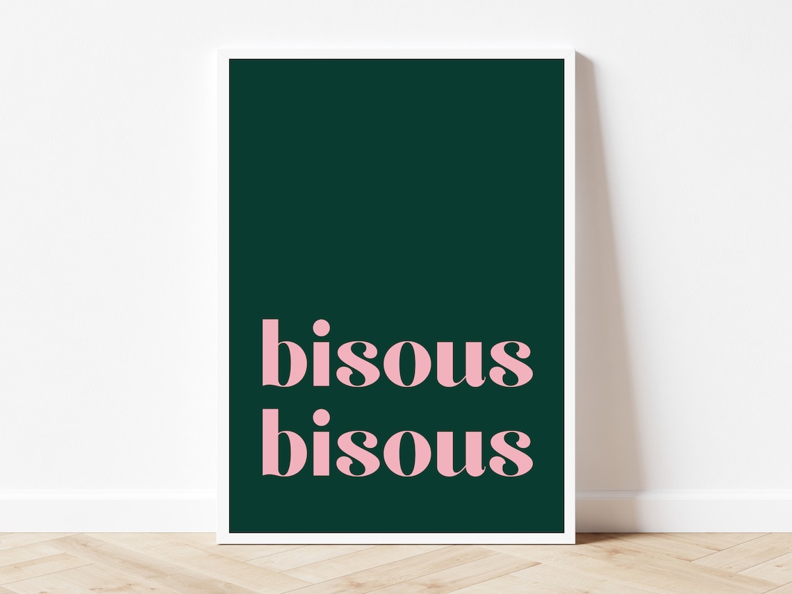 Bisous Bisous Kiss Art Print Dark Green Wall Art Pink Wall | Etsy