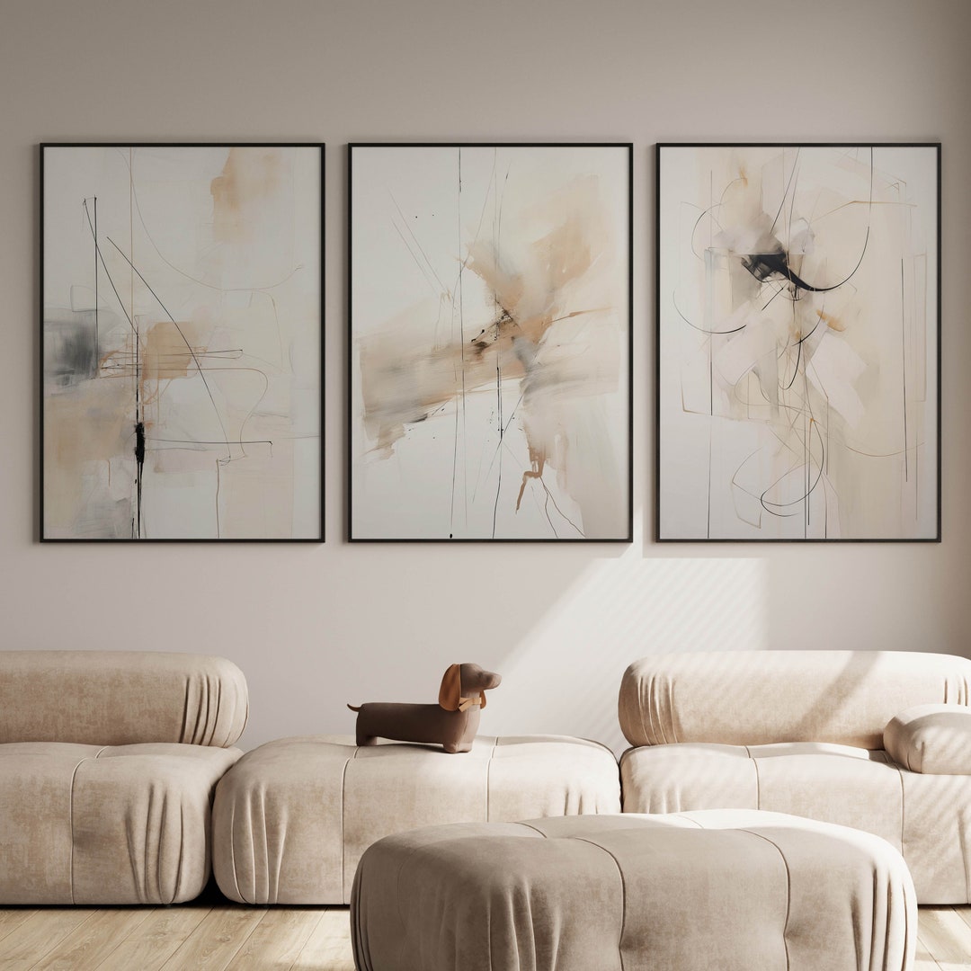 Neutral Abstract Wall Art Prints, Set of 3, Large Line Art Painting ...