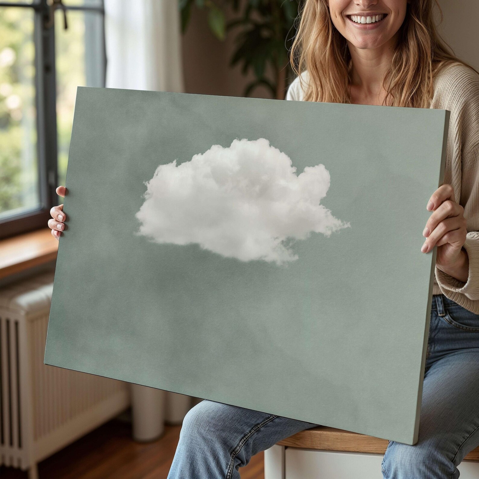 Sage Green Cloud Canvas Wall Art Print, Floating Framed Art, Horizontal ...
