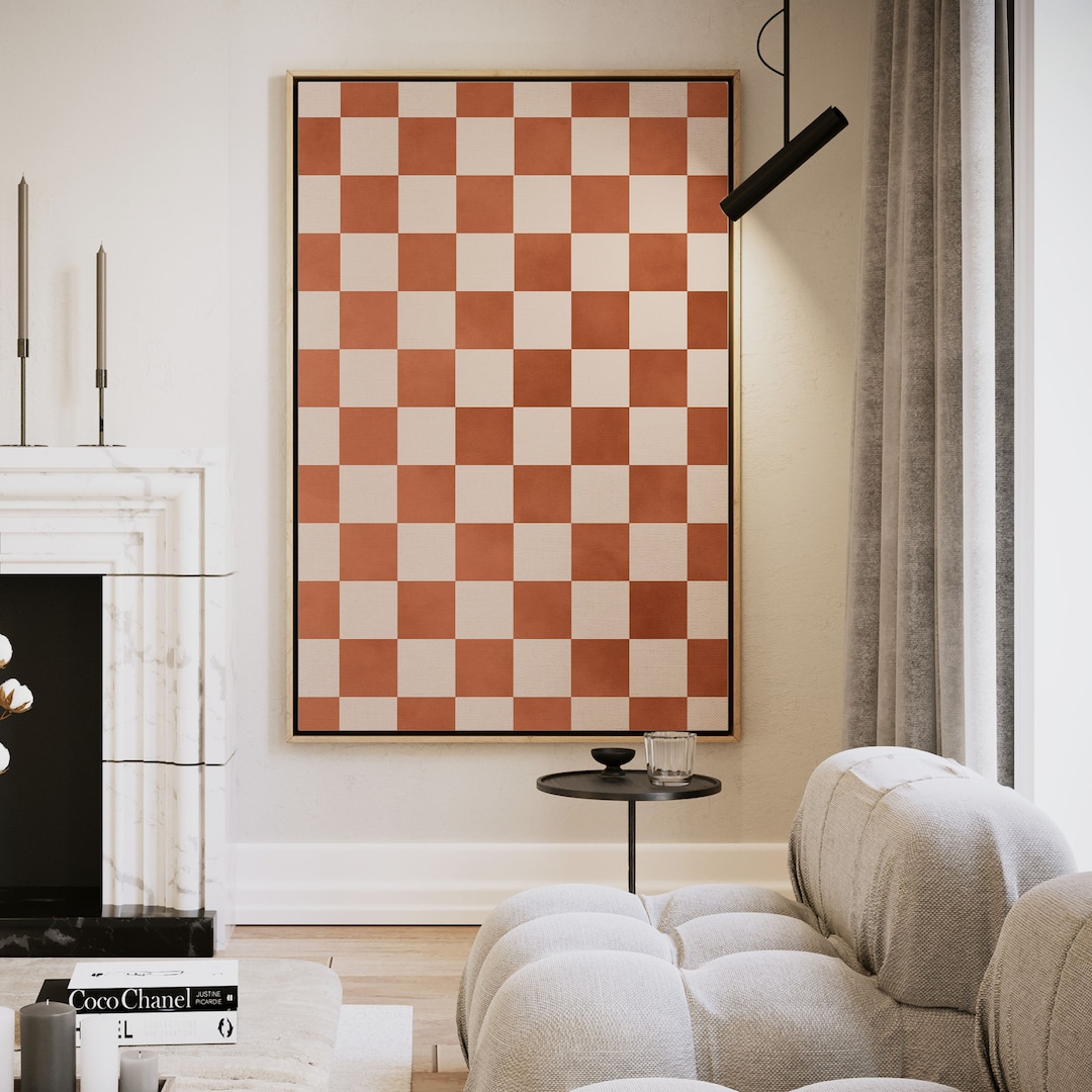 Terracotta Checkerboard Canvas Wall Art, Cottagecore Decor, Rustic ...