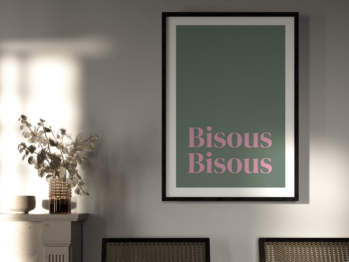 Sage Green Bisous Bisous Kiss Art Print Pink and Green Wall - Etsy