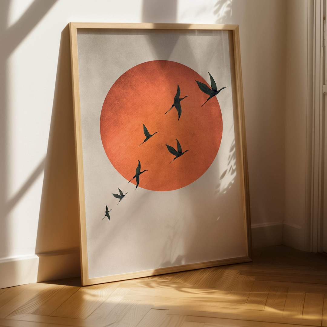 Burnt Orange Japandi Art Print, Flying Birds Wall Art, Abstract Blood ...