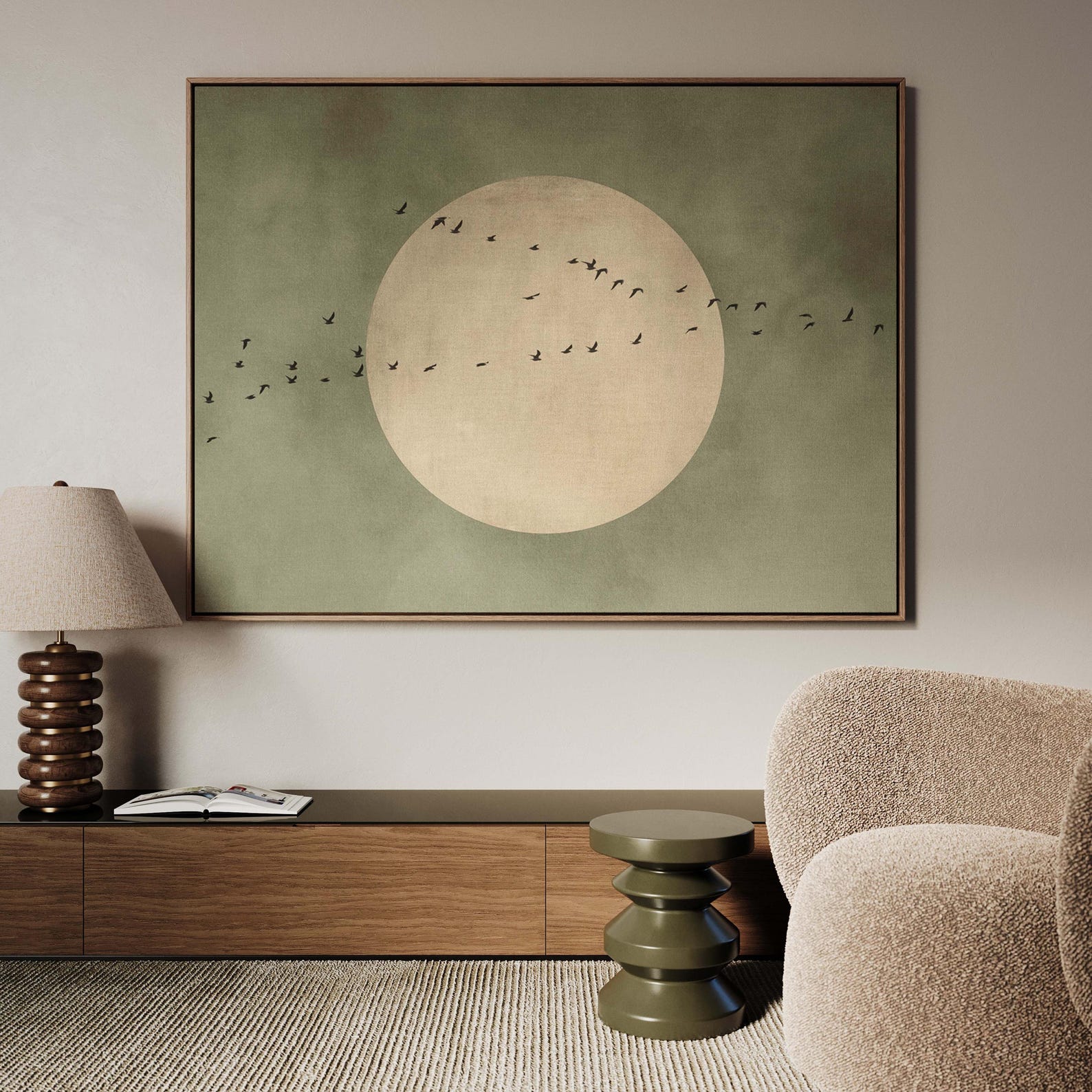 Sage Green Birds Canvas Wall Art, Floating Framed Moon Print ...