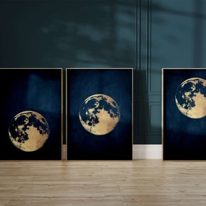 Blue and Gold Moon Wall Art Prints, Set of 3 Prints, Navy, Gallery Wall ...
