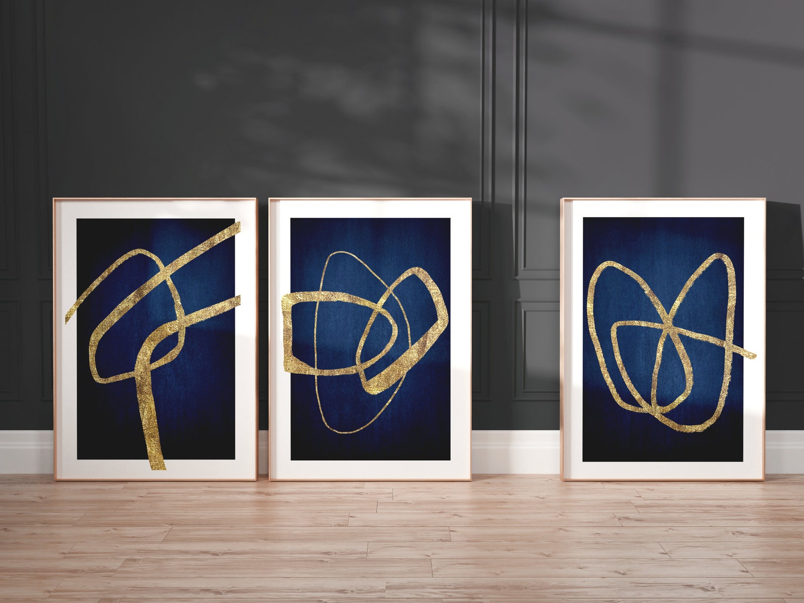 Navy and Gold Wall Art · Set of 3 Prints, Abstract Shapes, Line Art ...