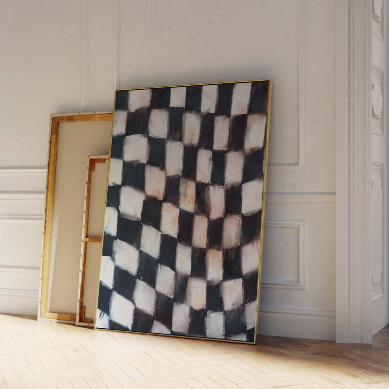 Neutral Checkered Wall Art Print, Black & White Minimalist Painting ...