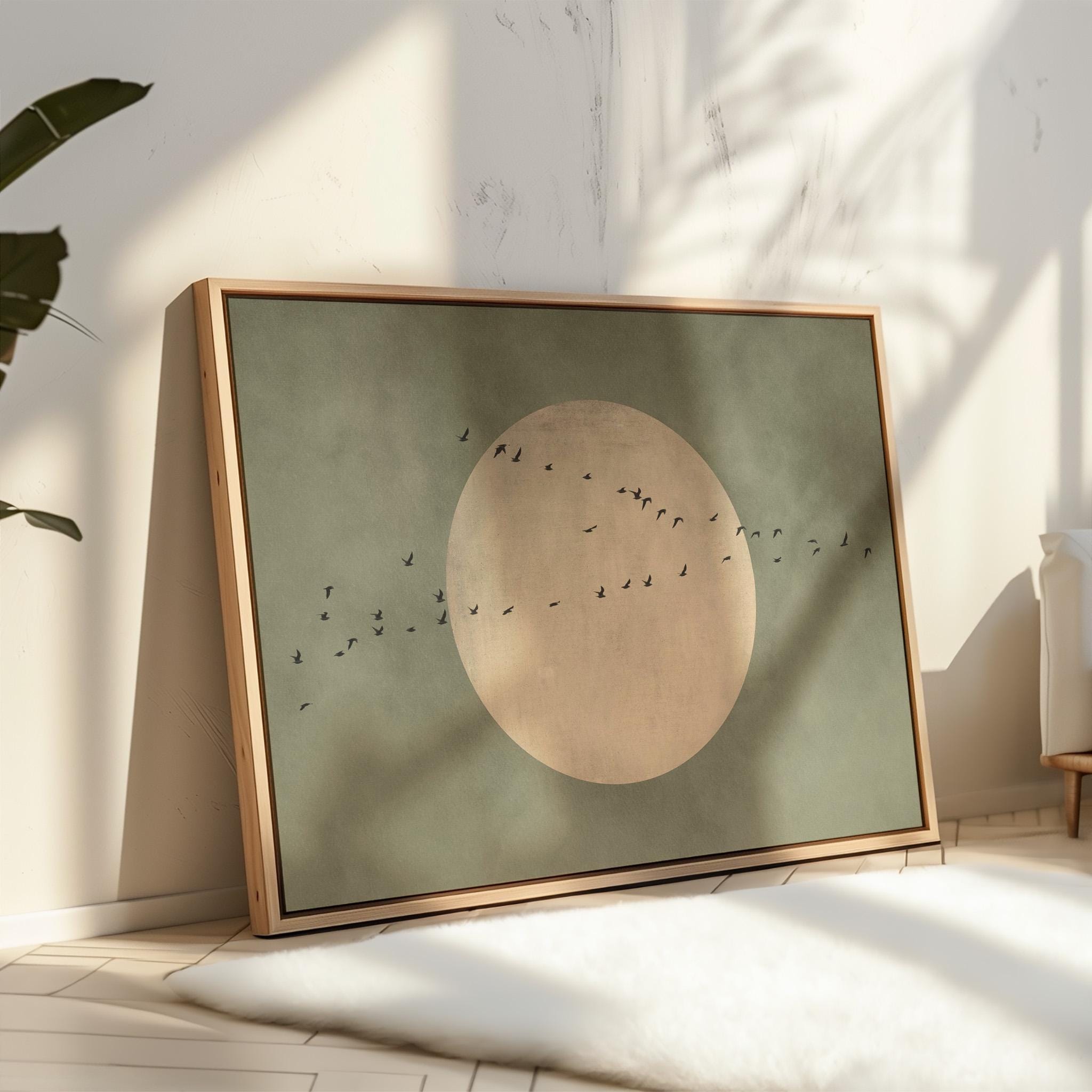 Sage Green Birds Canvas Wall Art, Floating Framed Moon Print ...