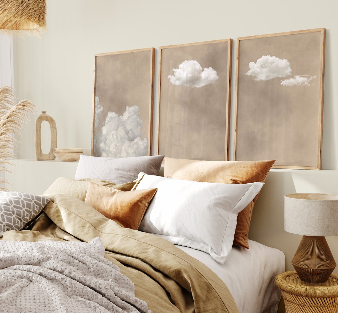 Neutral Bedroom Wall Decor Over the Bed, Cloud Wall Art, Set of 3 ...