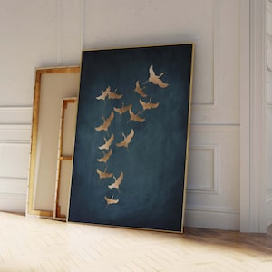 Vintage Blue Japanese Wall Art, Flying Cranes Japanese Print, Dark Blue ...