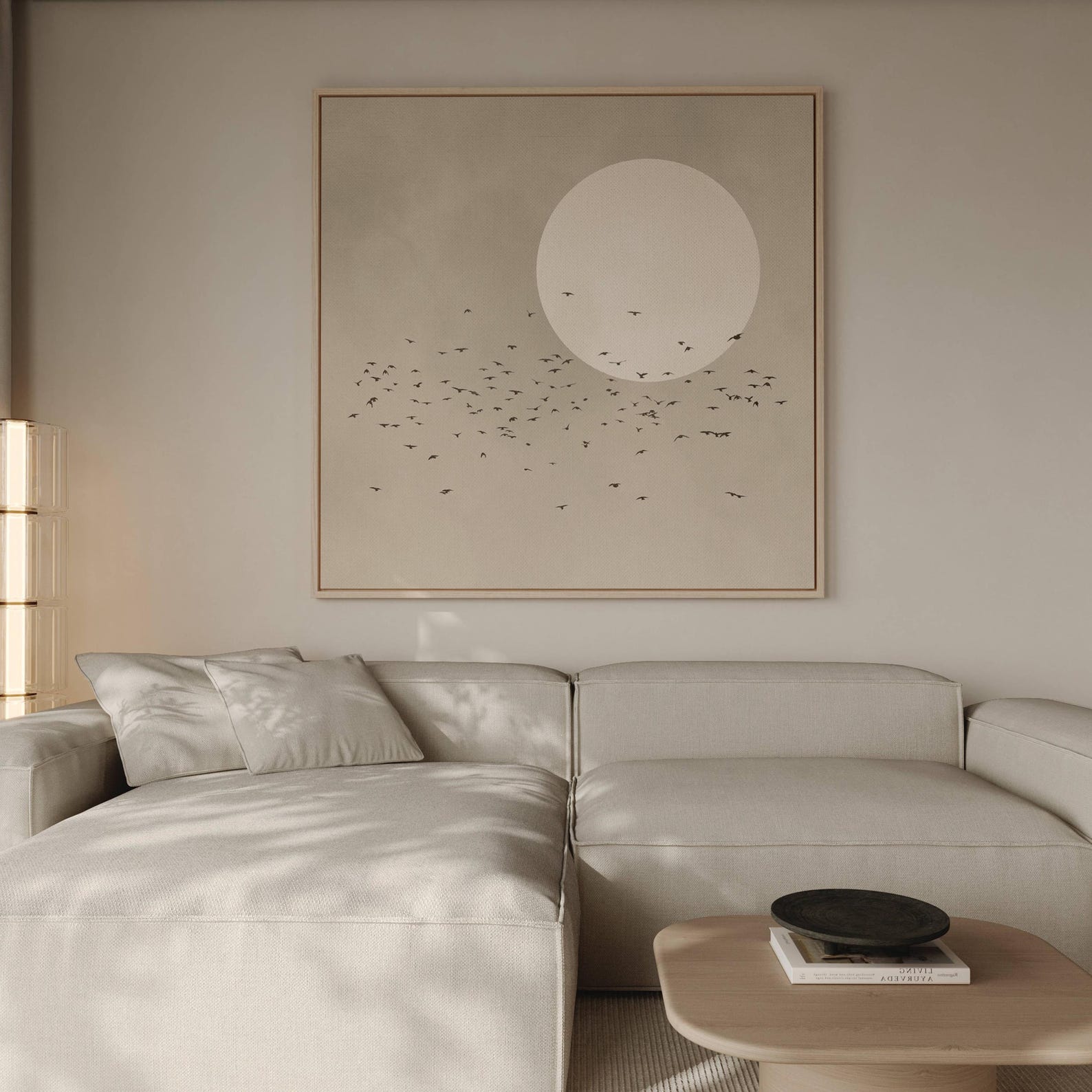 Neutral Moon Canvas Wall Art, Floating Framed Art, Birds Art, Square ...