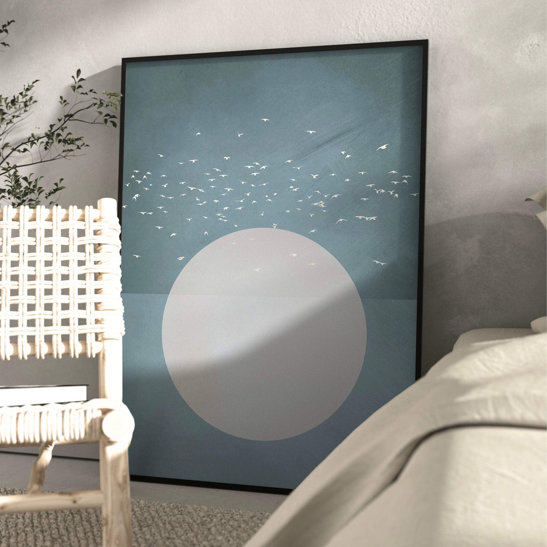 Japandi Blue Flying Birds Wall Art Print, Sun, Japandi Art, Abstract ...