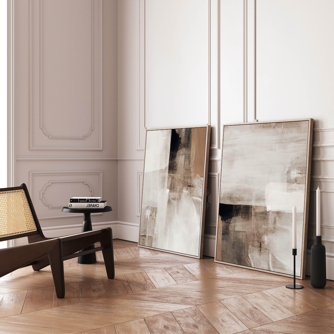 Neutral Framed Canvas Wall Art, Living Room Decor, Set of 2 Abstract ...
