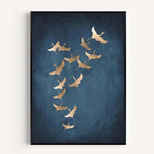 Vintage Blue Japanese Wall Art, Flying Cranes Japanese Print, Dark Blue ...
