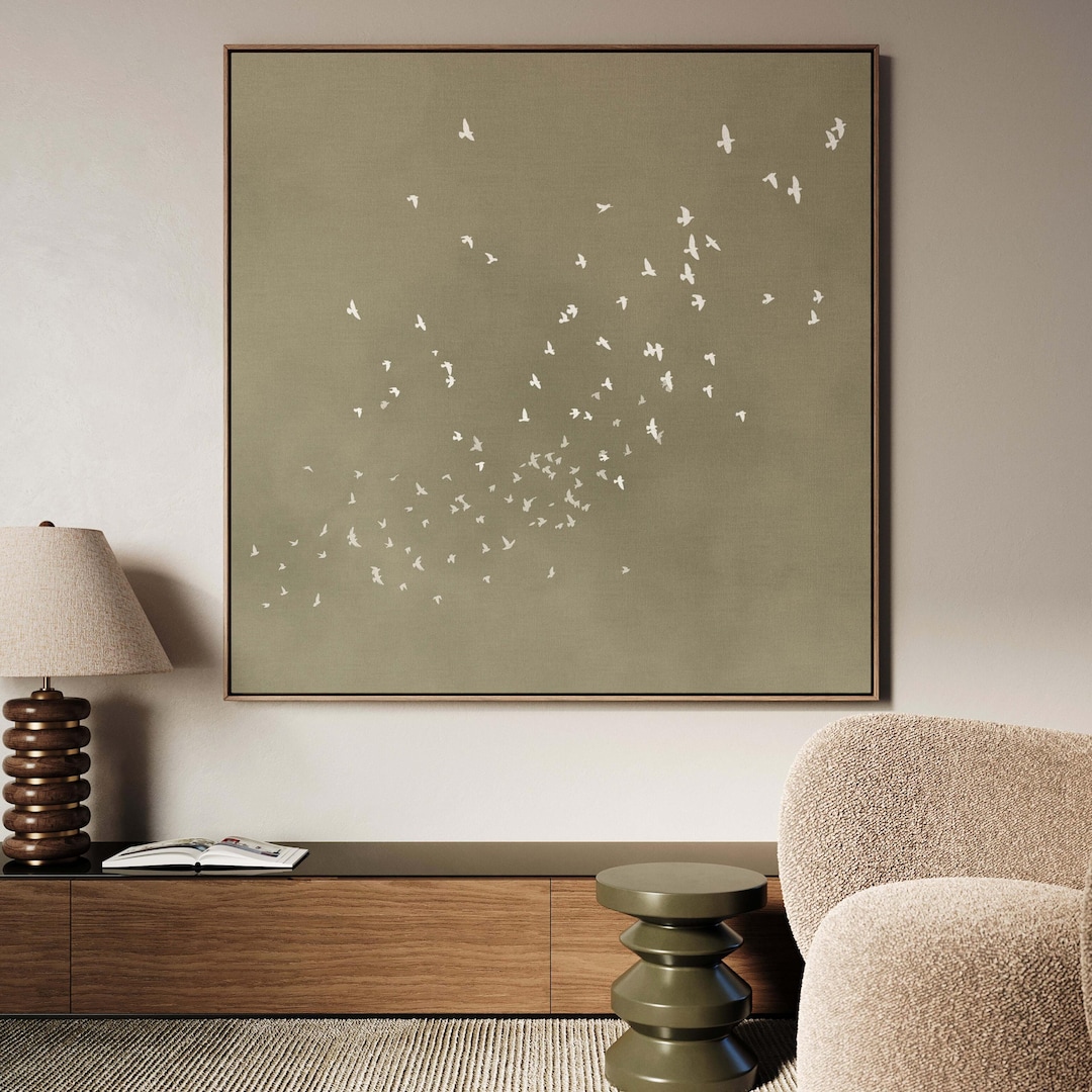 Olive Green Birds Canvas Wall Art, Framed Flock of Birds Print, Japandi ...