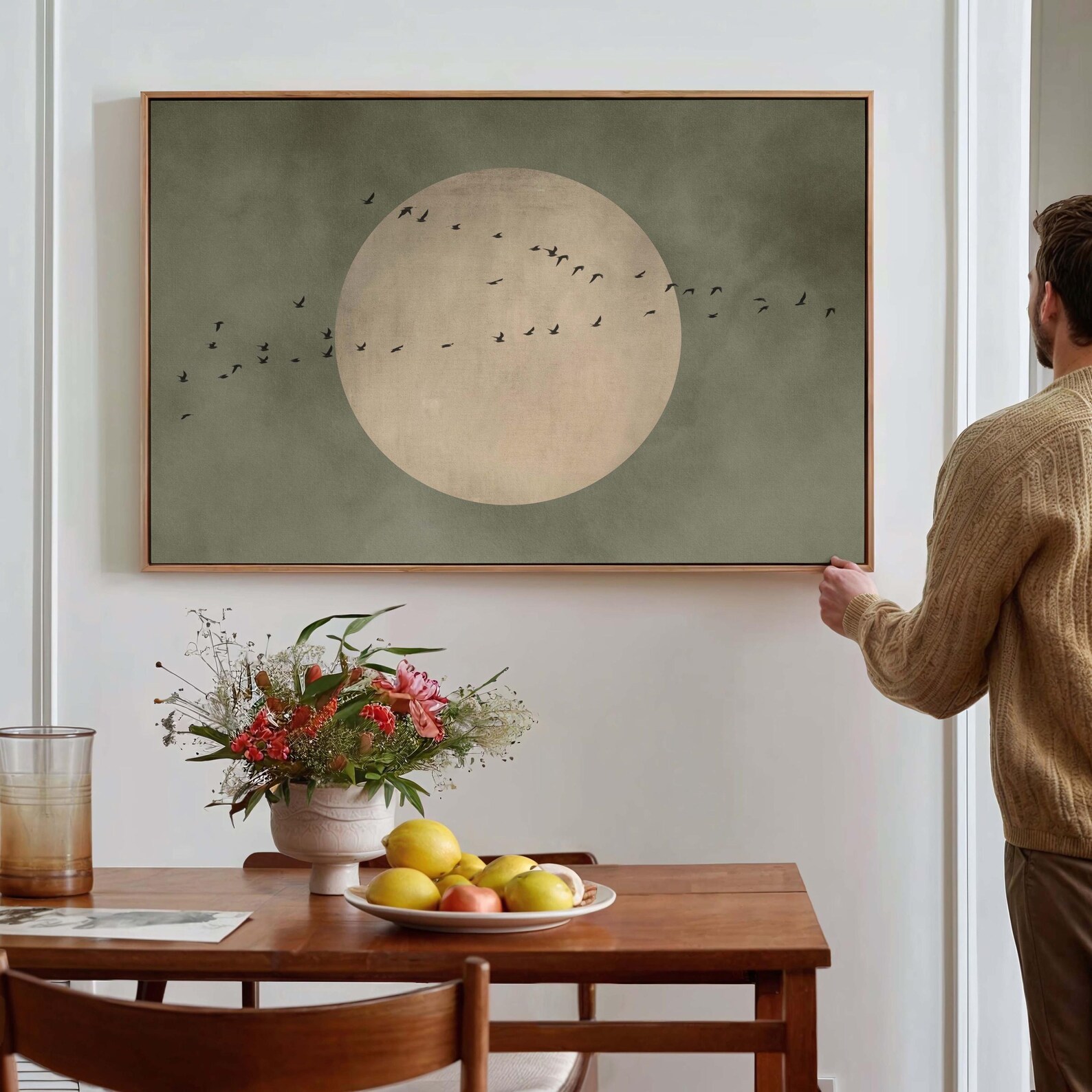 Sage Green Birds Canvas Wall Art, Floating Framed Moon Print ...