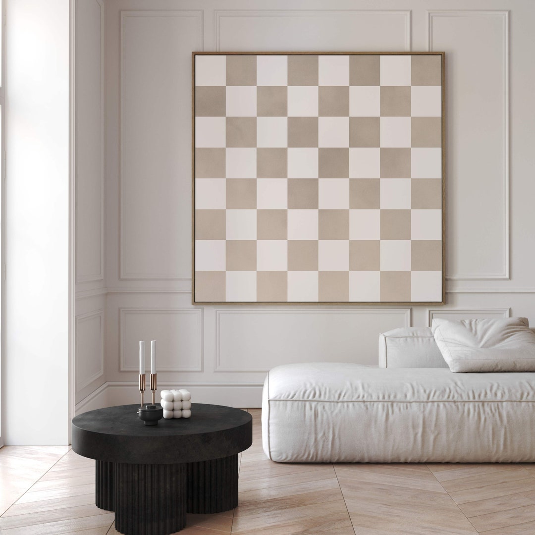 Square Checkered Wall Art, Beige Canvas Print, Abstract Art, Minimalist ...