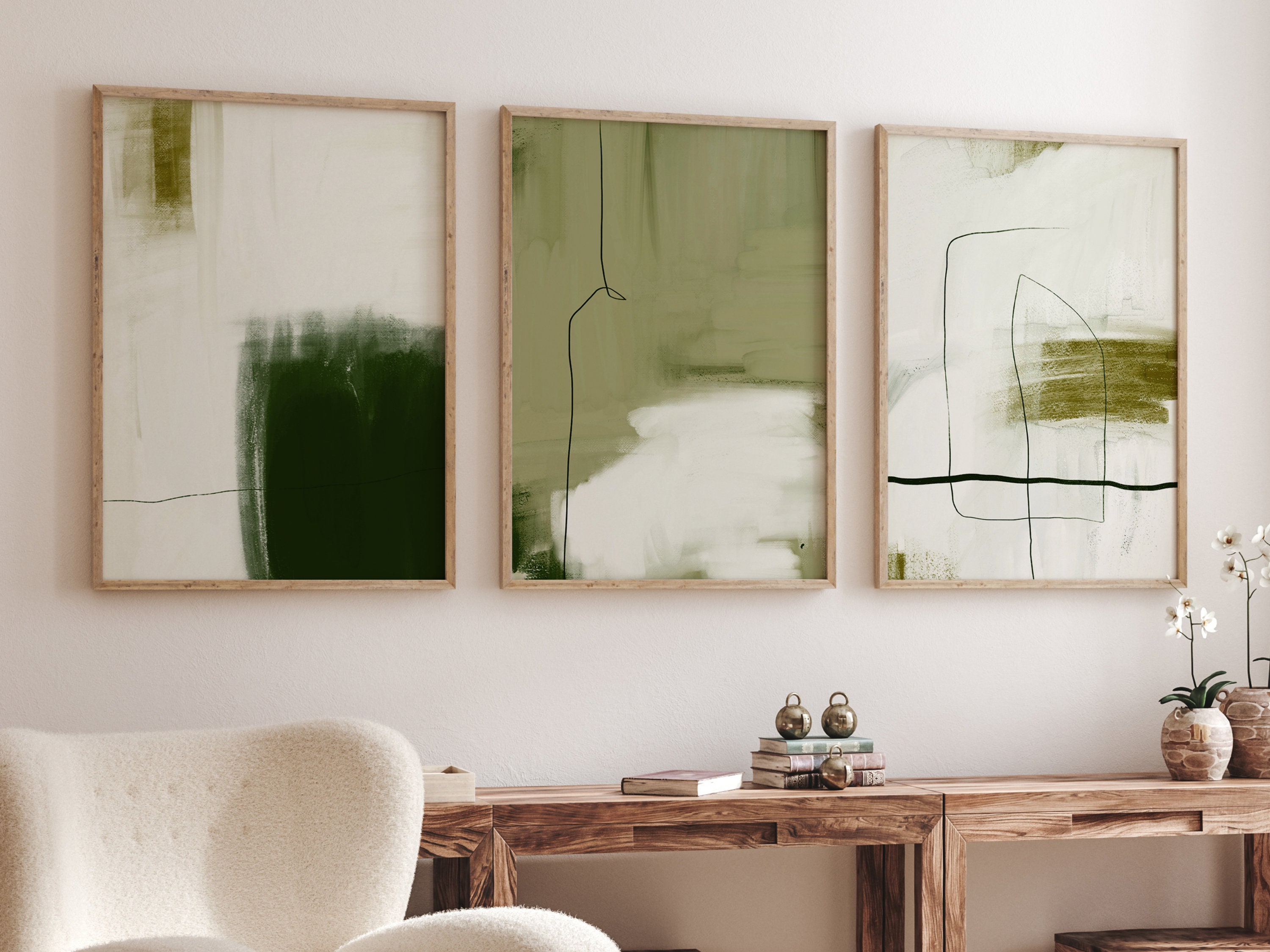 Emerald Green Line Drawing Set of 3 Prints · Abstract Art · dark Green ...