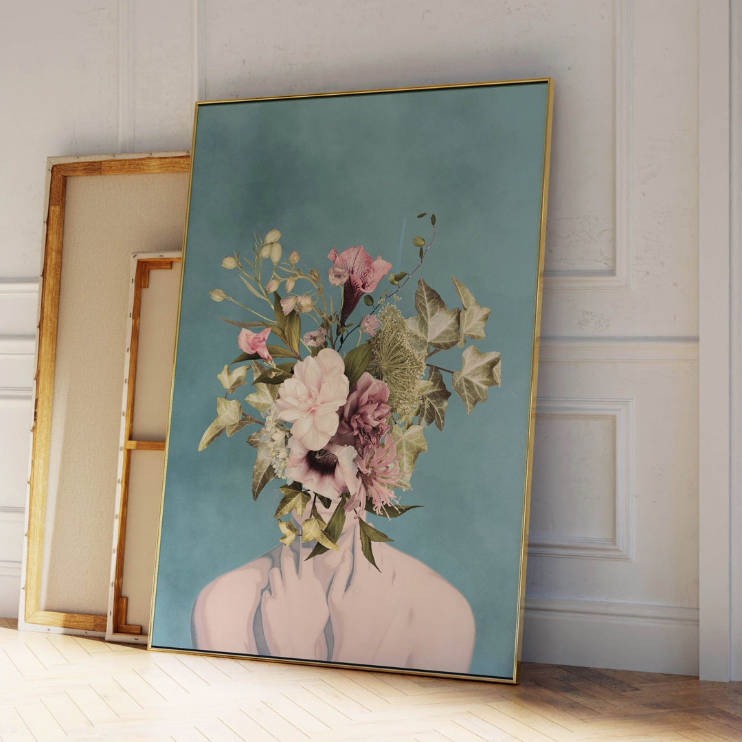 Blue Flower Head Woman Wall Art, Botanical Print, Floral Poster ...