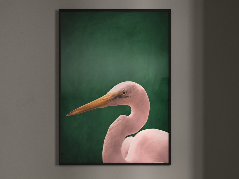 Pink Crane Emerald Green Print · Emerald Green Decor · Pink and Green ...