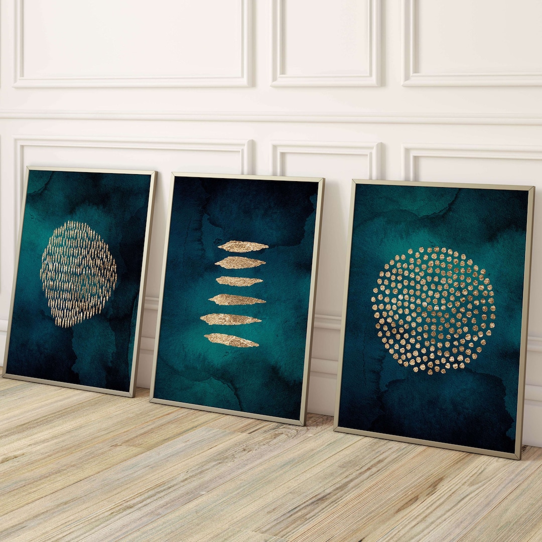 Teal Wall Art, Set of 3 Prints, Abstract Art, Gold Wall Art ...