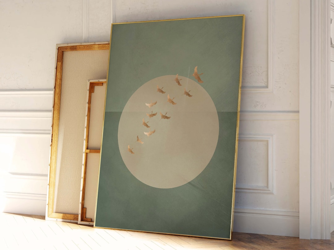 Green and Gold Wall Art, Flying Cranes, Sage Green Decor, Japanese Art ...