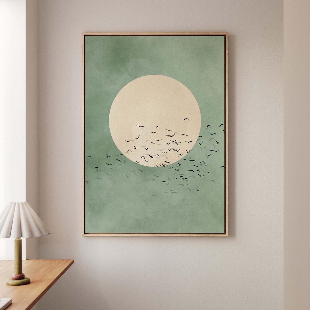 Minimalist Moon Canvas Wall Art, Sage Green Abstract Birds Print ...