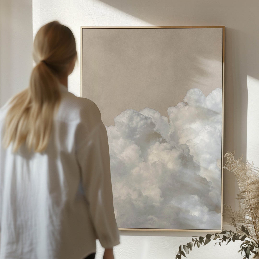 Neutral Minimalist Cloud Canvas Wall Art, Framed Art, Beige Living Room ...