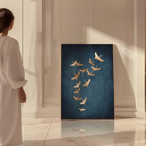 Vintage Blue Japanese Wall Art, Flying Cranes Japanese Print, Dark Blue ...