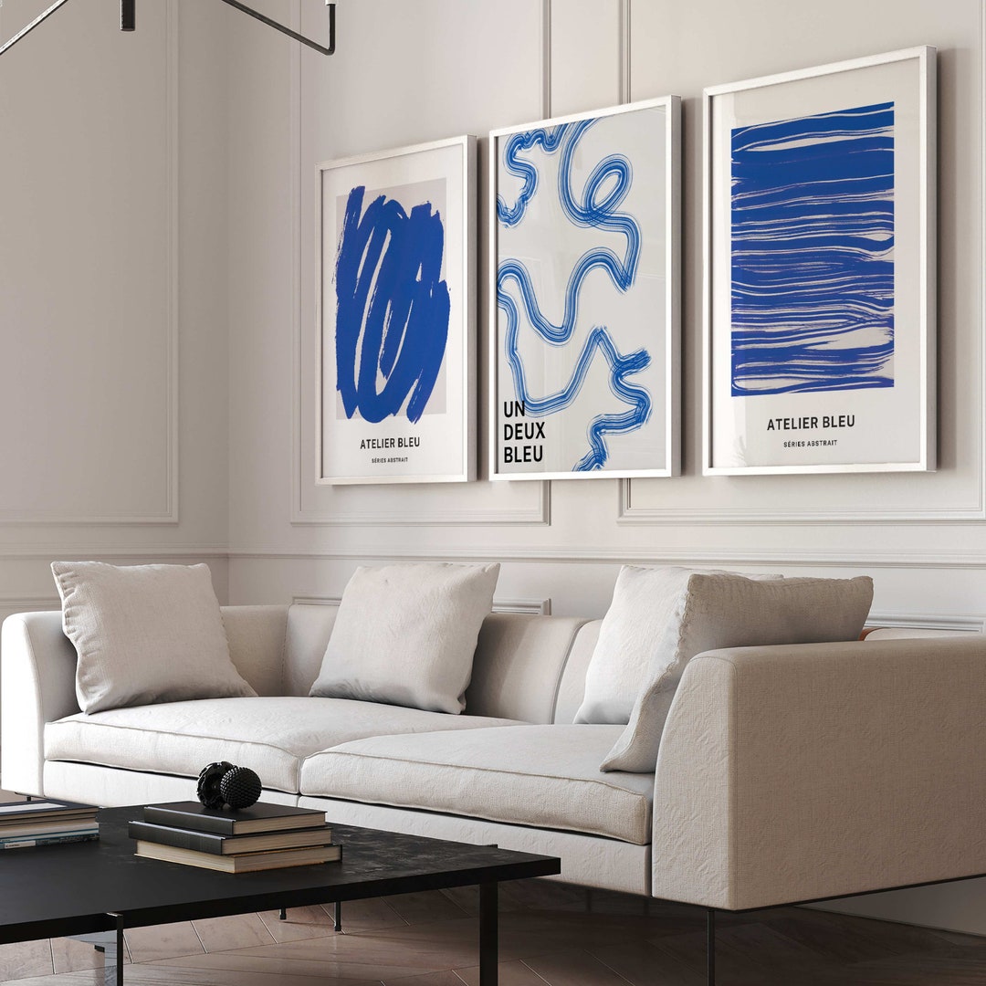 Blue Bauhaus Abstract Wall Art, Set of 3 Prints, Minimalist Exhibition ...