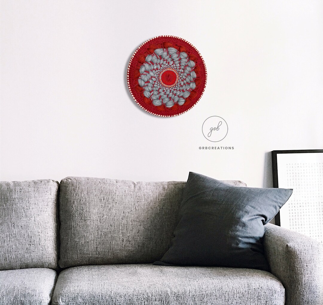 Textile Mandala Bamboo Frame - Garnet and Gray Fractal Spiral Tapestry ...