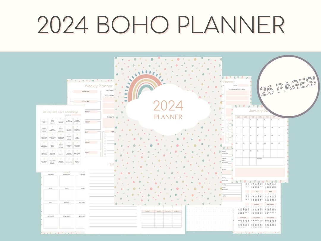 2024 Planner Printable, Printable Planner Pages, Rainbow Boho Planner ...