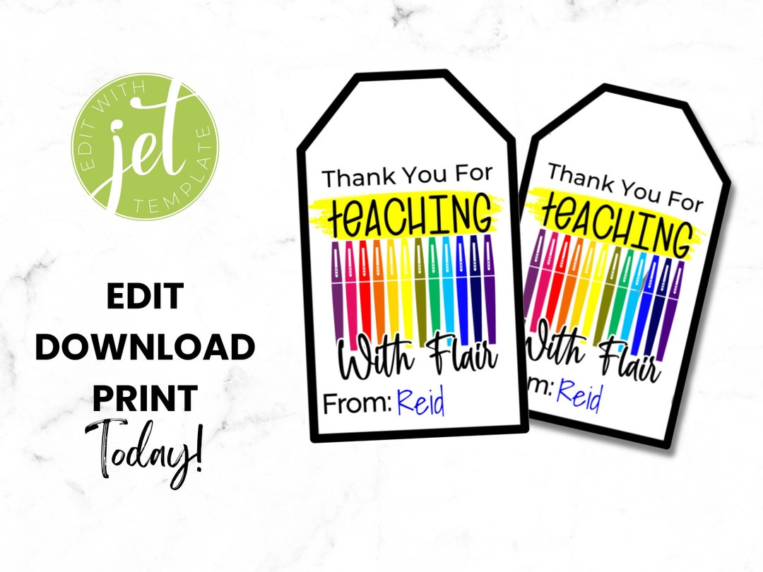 End of Year Teacher Gift Tag, Thank You for Teaching With Flair ...