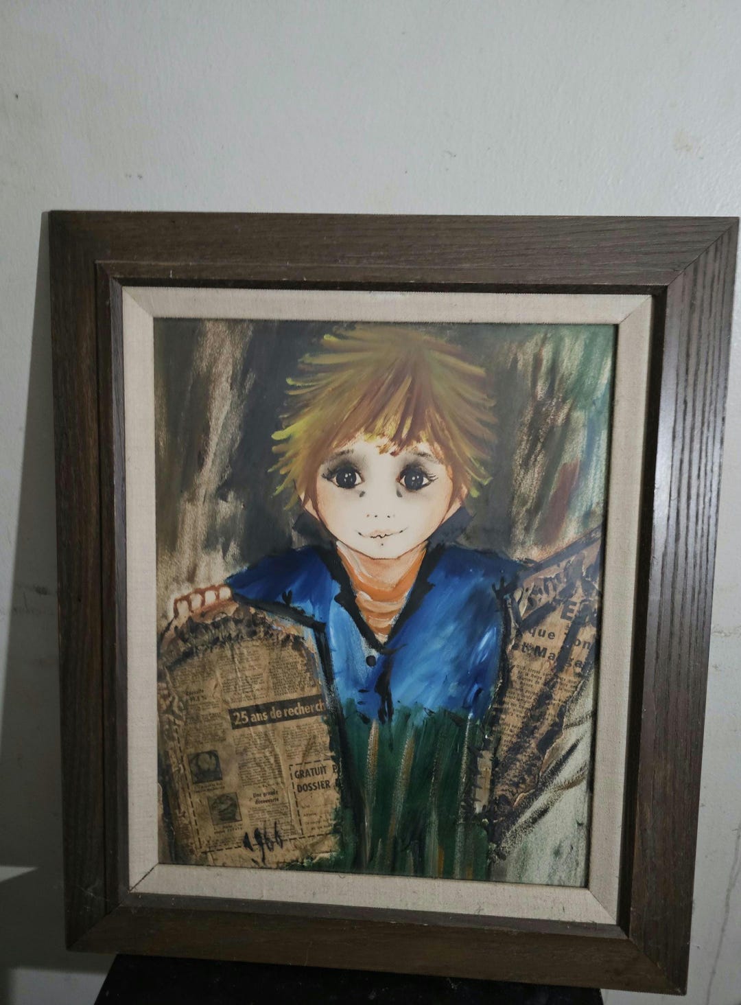 Vintage ROGER ETIENNE Boy With News Paper Big Eye Art Paris 1964 Painting Lithograph Aaron's ...